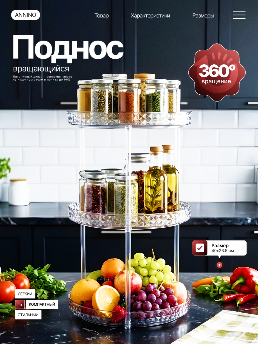Органайзер трехъярусный вращающийся лоток для специй 23,5 см