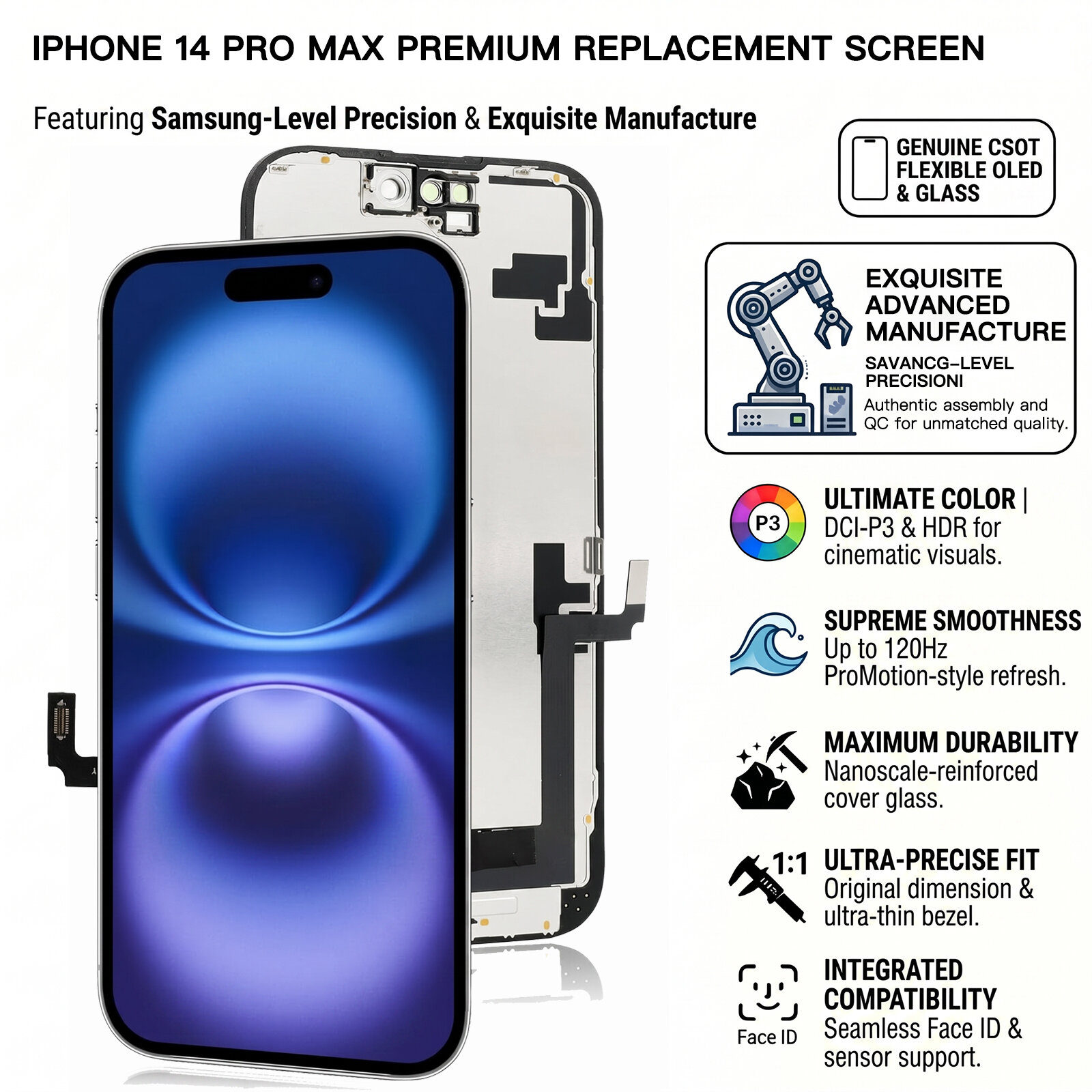 Дисплей для замены iPhone 14 Pro Max, OLED Huaxing + передовая герметизация, с переносом IC, без Face ID