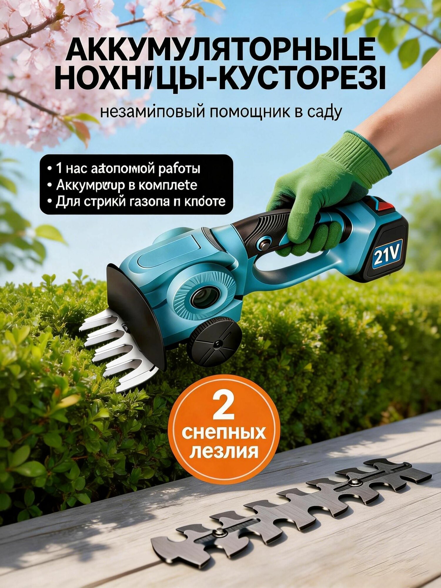 Кусторез аккумуляторный садовый , 21В, толщина резак 22мм ,1 аккумулятора 2000ма/ч