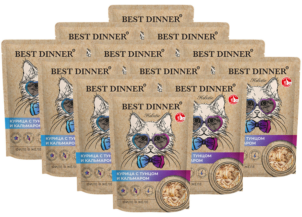 Корм влажный Best Dinner Holistic для взрослых кошек, филе курицы, тунец и кальмар в желе, 70 г х 12 шт