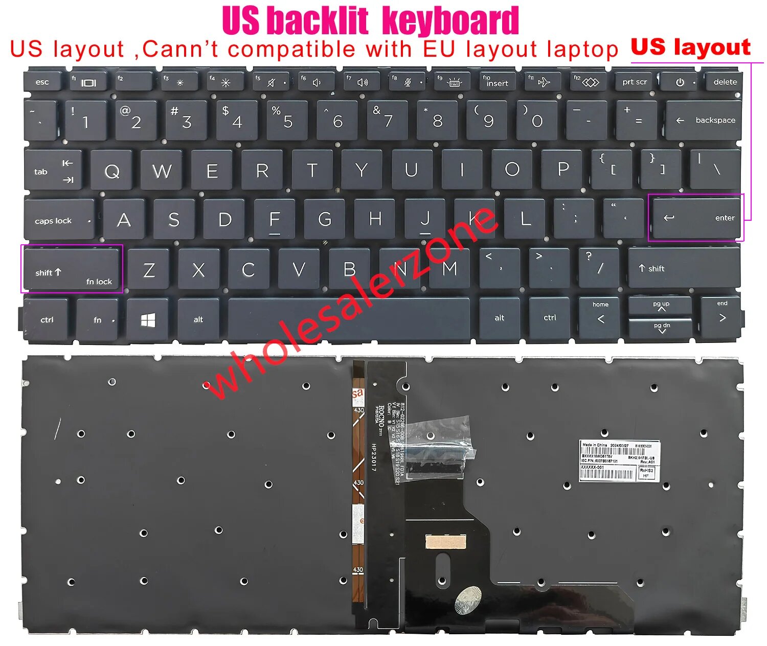 Клавиатура для ноутбука HP Probook 430 G8, 435 G8, 435R G8, ZHAN 66 PRO 13 Фиолетовый, with backlit