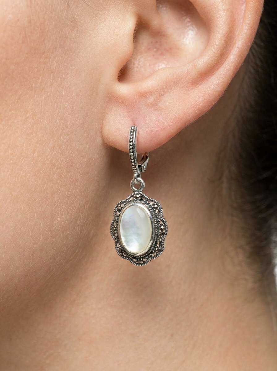Серьги, серебро, 925 проба, перламутр, марказит