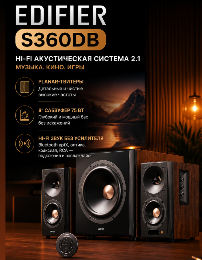 Акустика Edifier S360DB, Brown, МДФ, Bluetooth 5.1, с активным сабвуфером