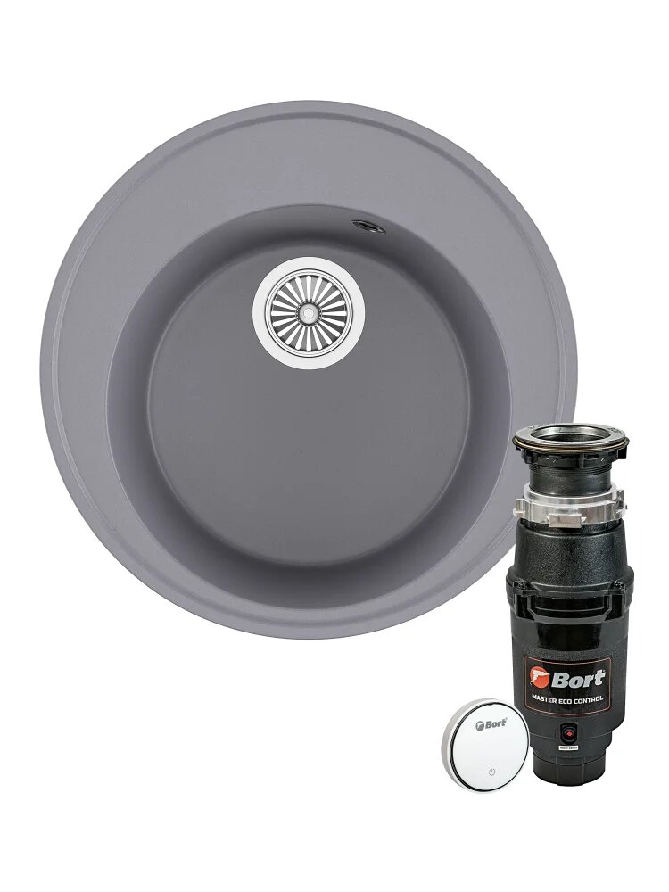 Комплект Мойка Domaci Солерно DN 485-05 48x48, бетон, кварц / Измельчитель Bort Master Eco Control электрический, нержавеющая сталь