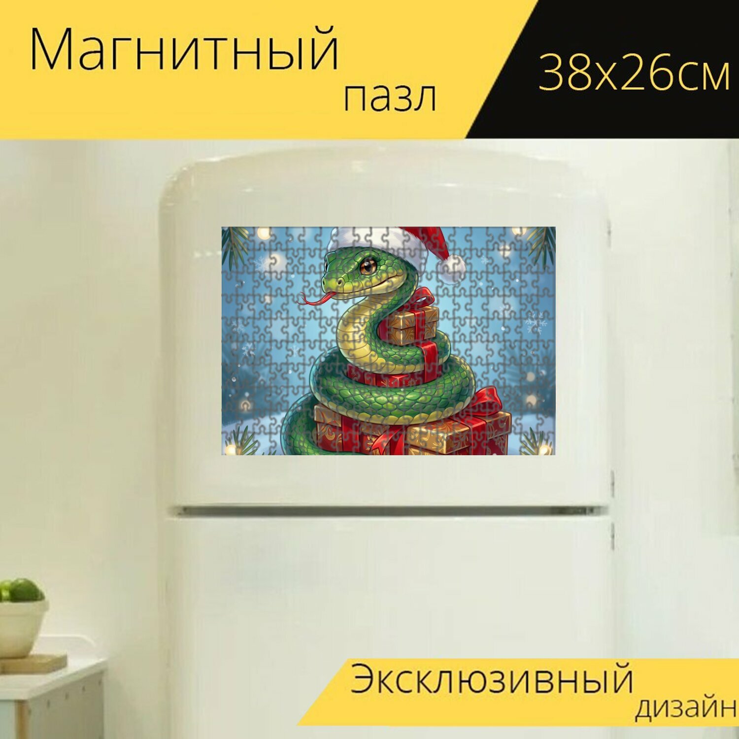 Магнитный пазл "Новогодняя змея с подарками. Милый праздничный змей в красном колпаке, обвитый вокруг коробок с лентами. Зимняя сказка в зелёно-красных." для интерьера, 38х26 см.