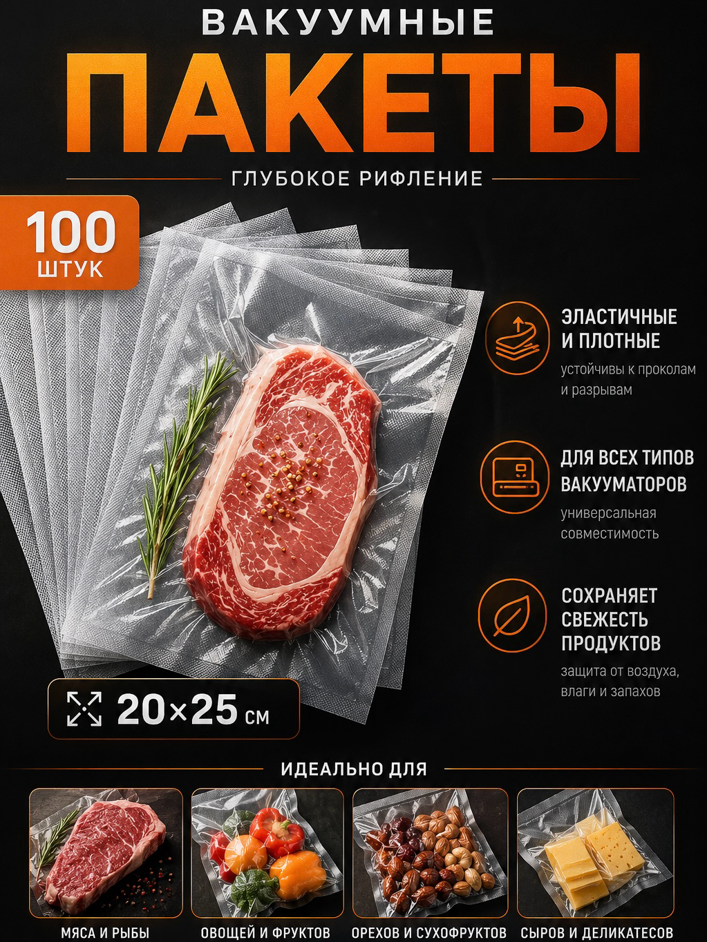 Пакеты для вакууматора рифленые для продуктов 20х25 см, 100 штук