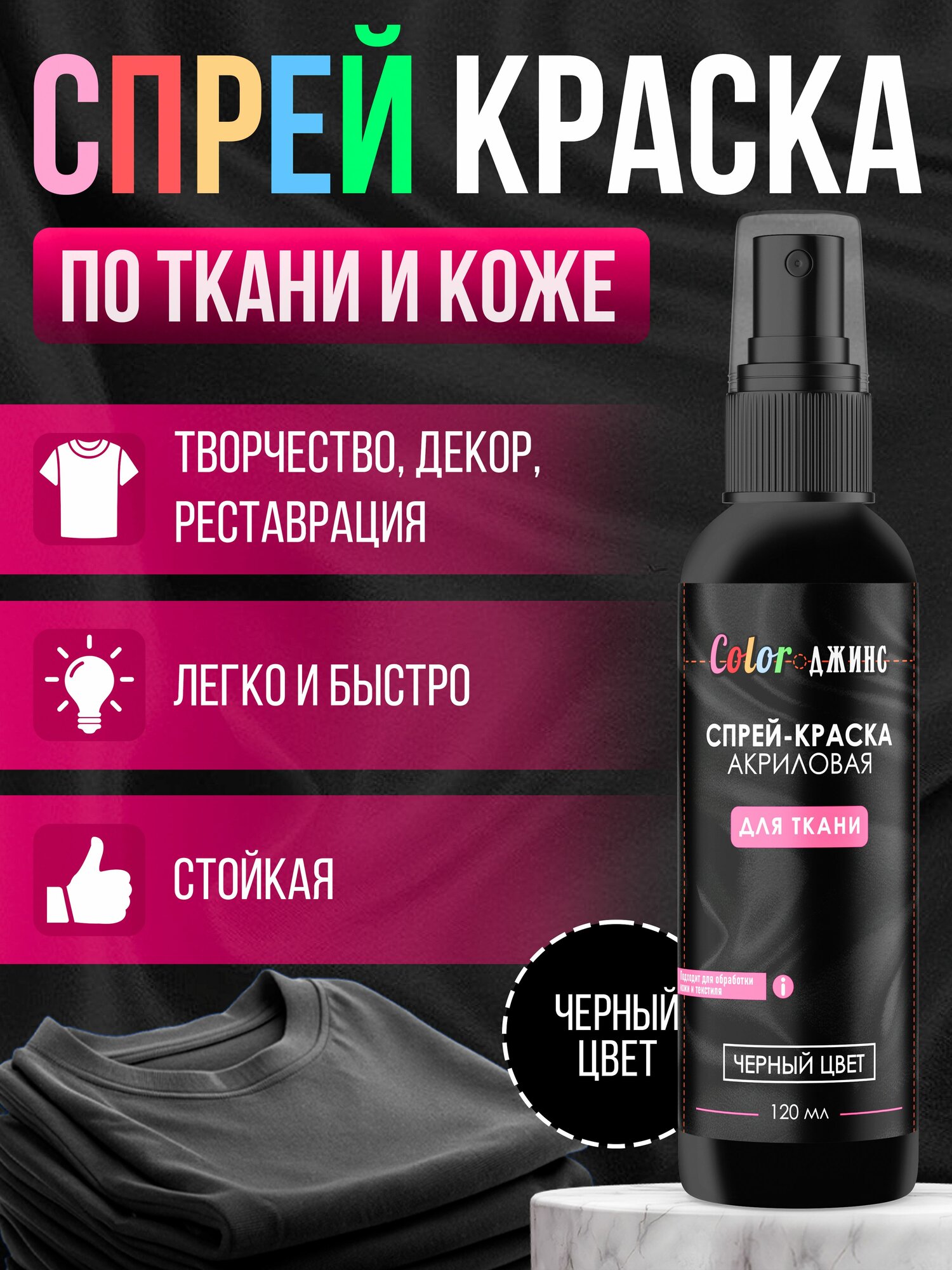 Спрей-краска для ткани, черная