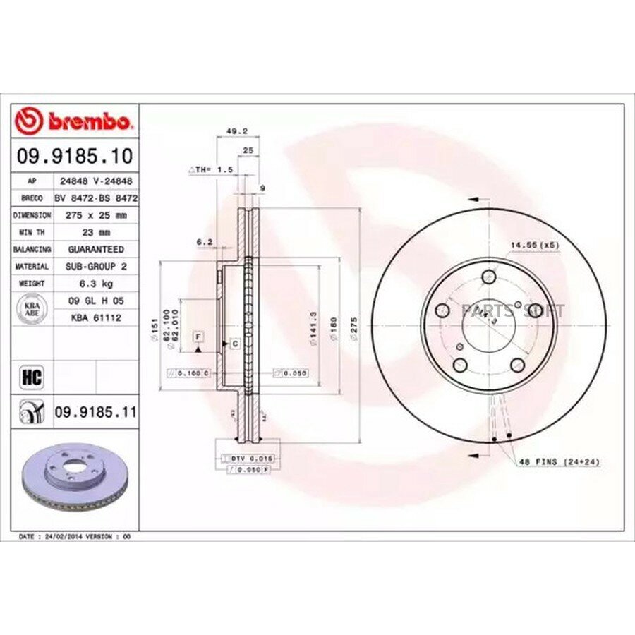 BREMBO 09.9185.11 Диск тормозной передн. с УФ покрытием TOYOTA RAV 4 II (_A2_) 06/00-11/05 ()