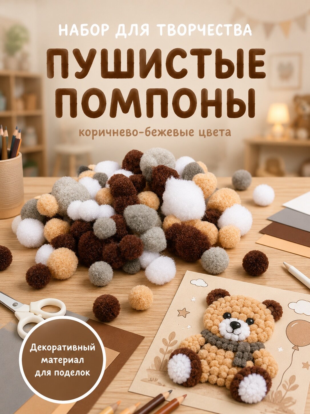 Alingar Пушистые помпоны "Коричнево-бежевые цвета" 80 шт