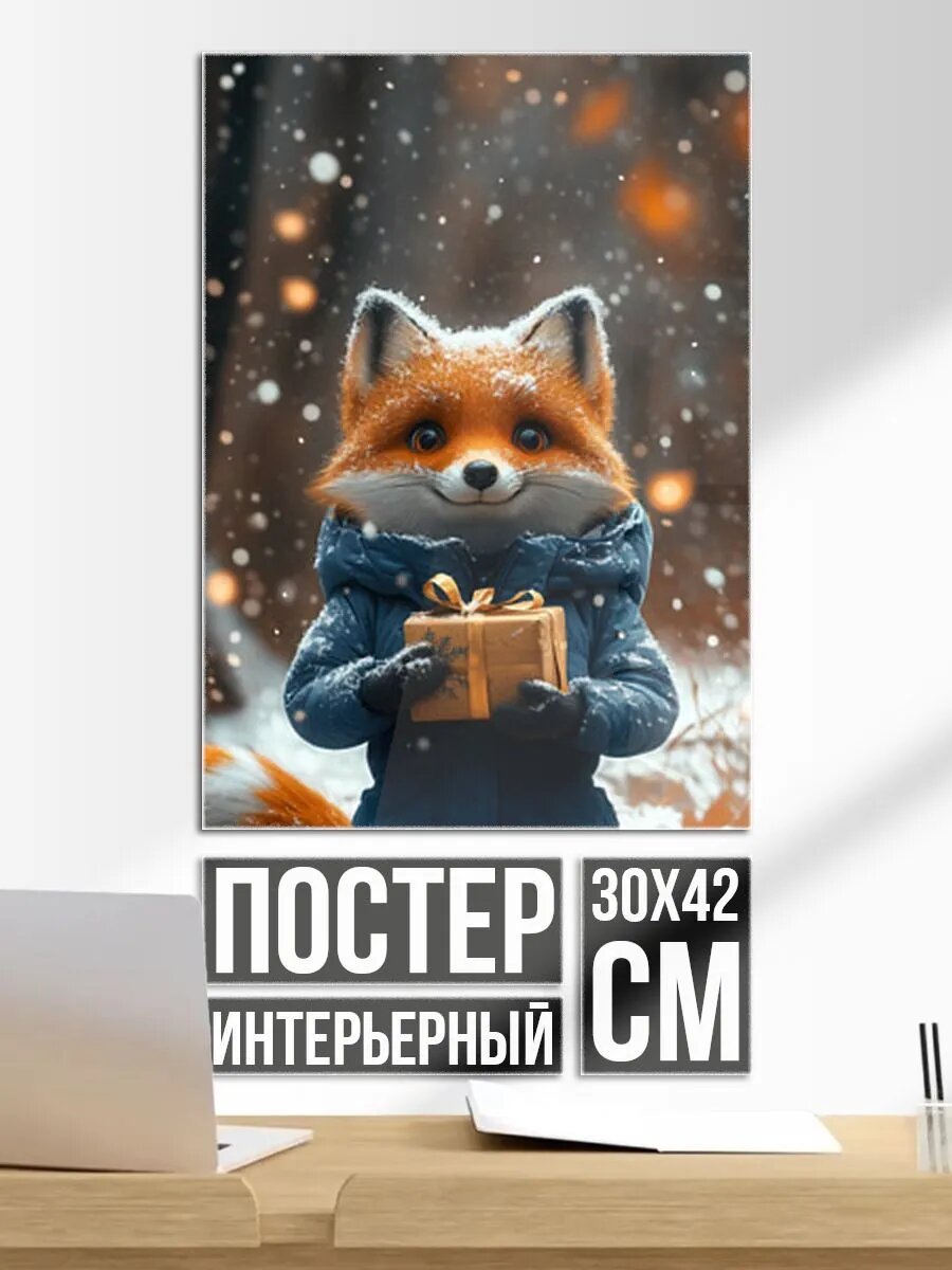 Постер на стену Лиса с подарком в лесу