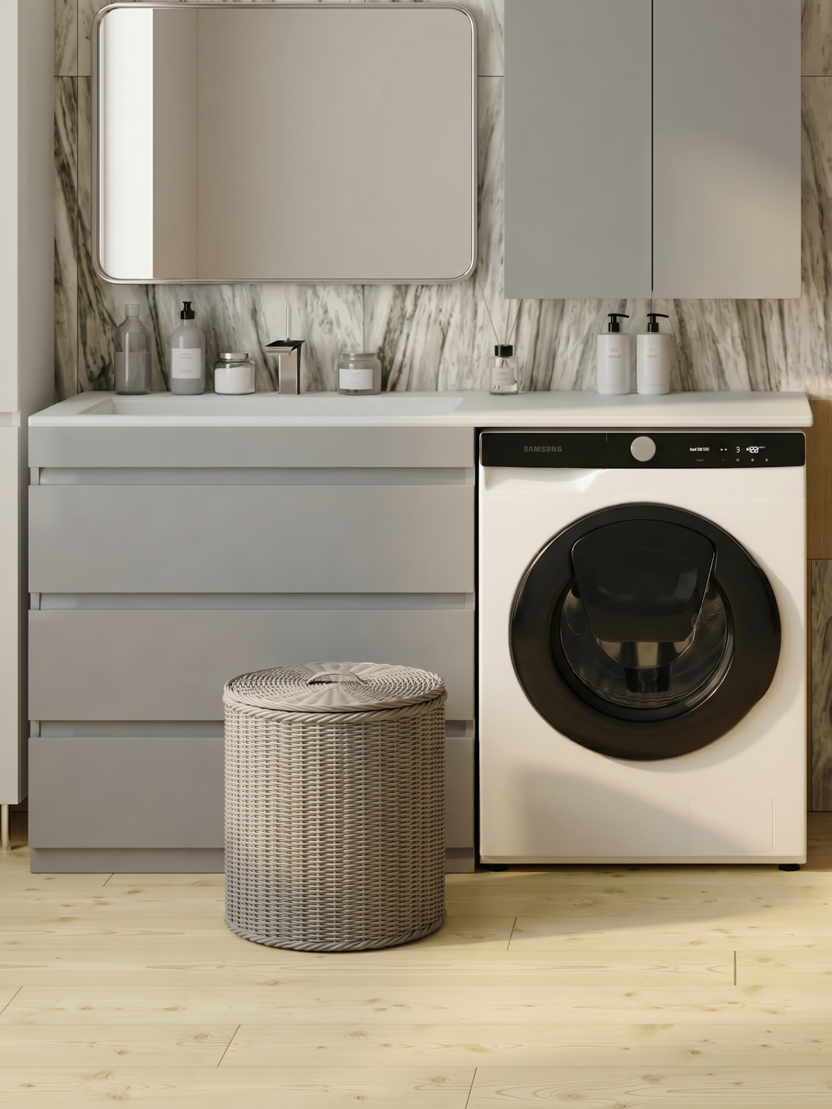 Тумба с раковиной Style Line Даллас 150 L напольная 3 ящика люкс, серый антискрейч левая