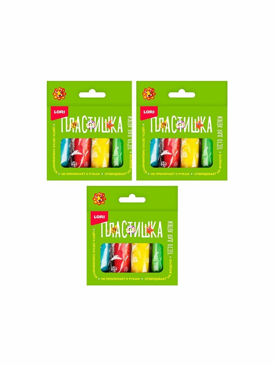 Lori Тесто для лепки Пластишка, 4 цвета по 30 гр, 3 упаковки.