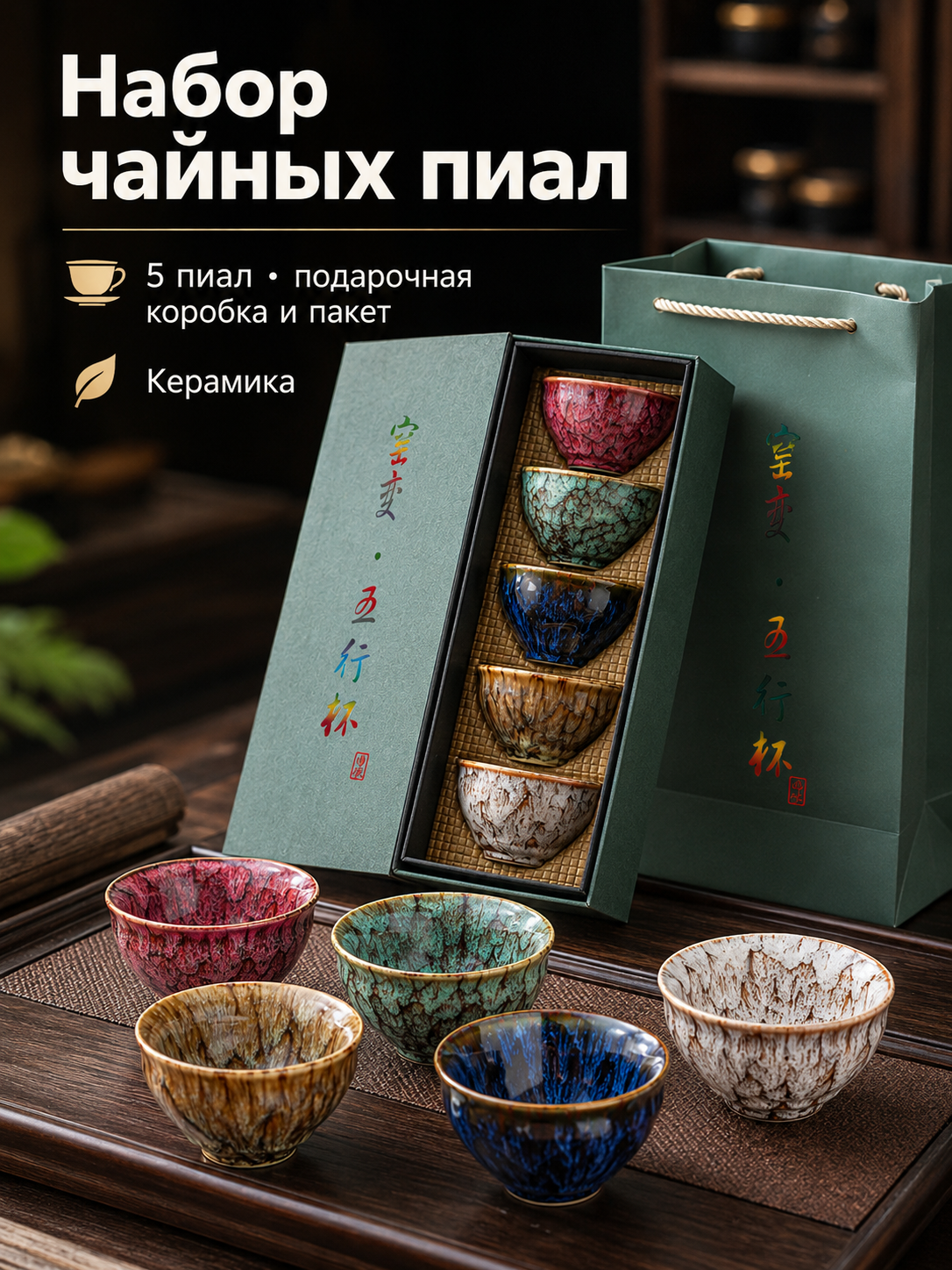 Набор чайных пиал 5 элементов, керамика, 5 шт по 120 мл, с подарочной коробкой и пакетом
