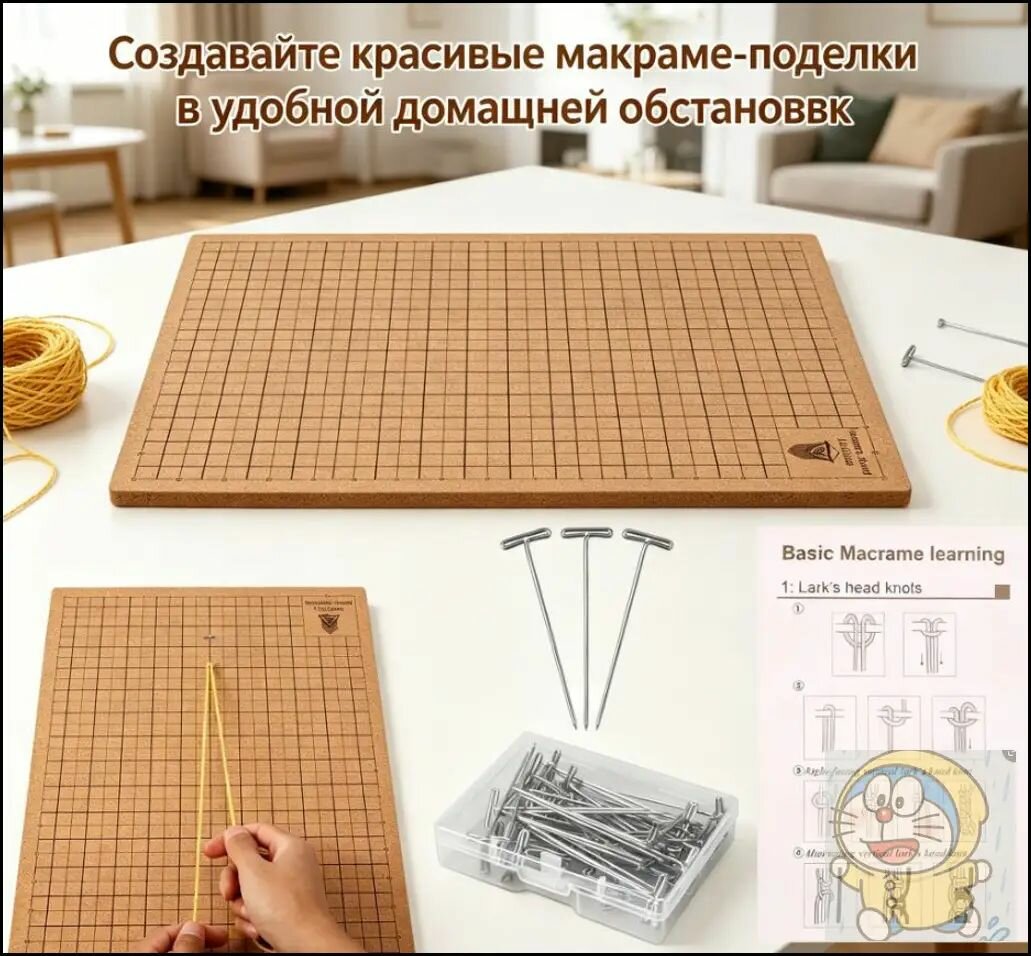 Универсальный набор для макраме: пробковая доска с сеткой, иглы, хранилище и инструкция, для рукоделия и подарков