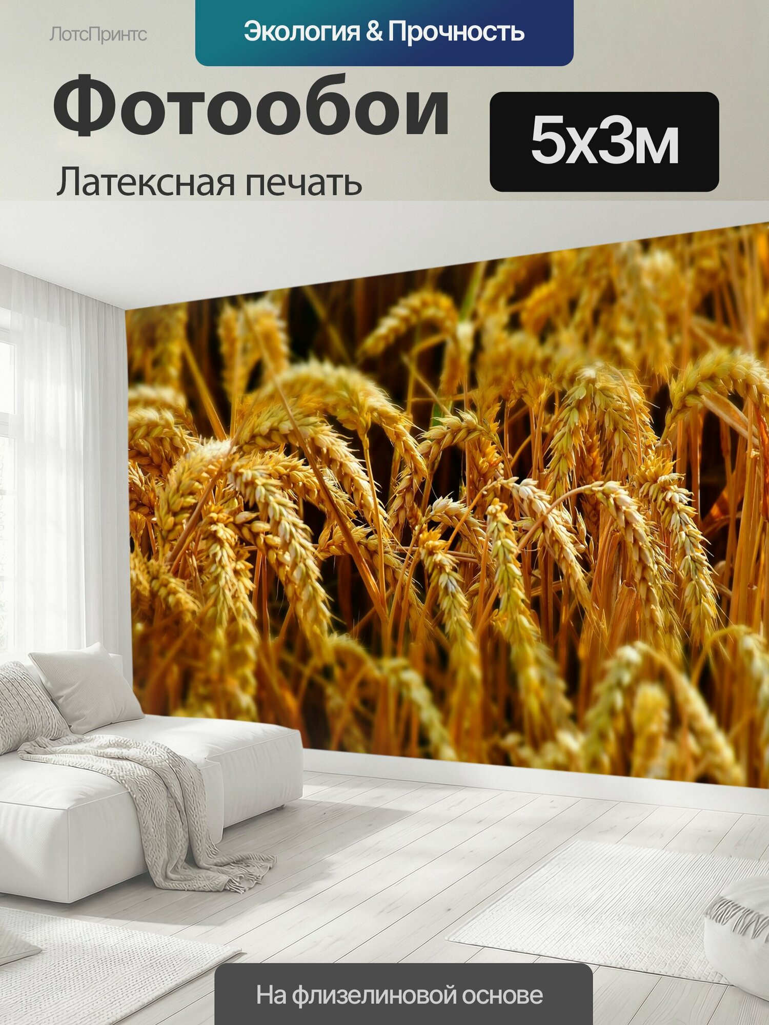 Фотообои моющиеся ударопрочные "Пшеница, пшеничное поле, колосья пшеницы" 500x300 см. латексная печать