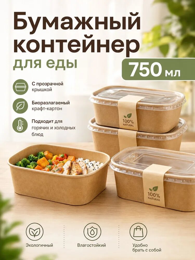 Контейнер бумажный одноразовый для еды с крышкой, 750 мл, крафт, биоразлагаемый, 17,1 12,3 5,9 см, для доставки, салатов, горячих блюд и пикника