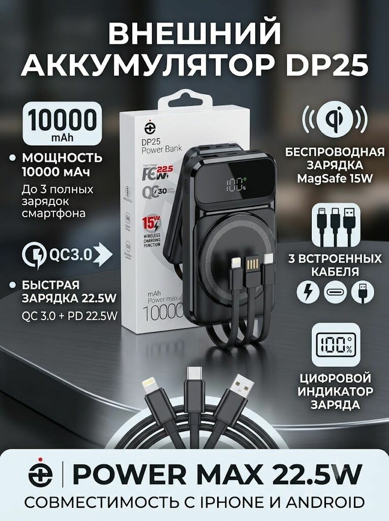Внешний аккумулятор Повербанк 10000 мАч с беспроводной зарядкой Magsafe 15 Вт, с возможностью подключения кабелей и быстрой зарядкой 22,5 Вт / Power Bank DP25