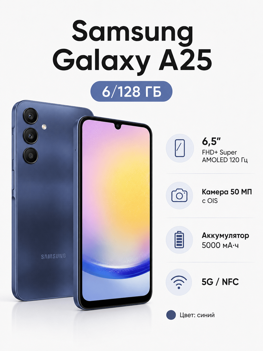 Смартфон Samsung Galaxy A25 5G 6/128 ГБ, Super AMOLED 120 Гц, синий（A25-A256B/DS）