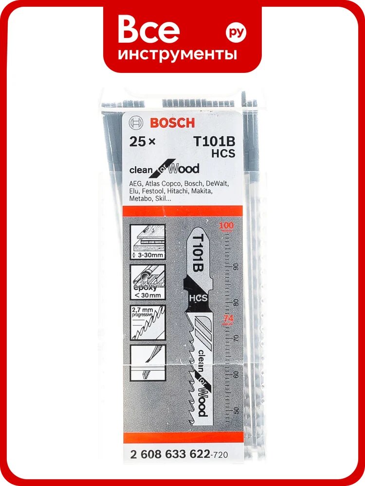 Пилки Т101В для лобзика по дереву 25 шт. (74 мм; HCS) BOSCH 2.608.633.622