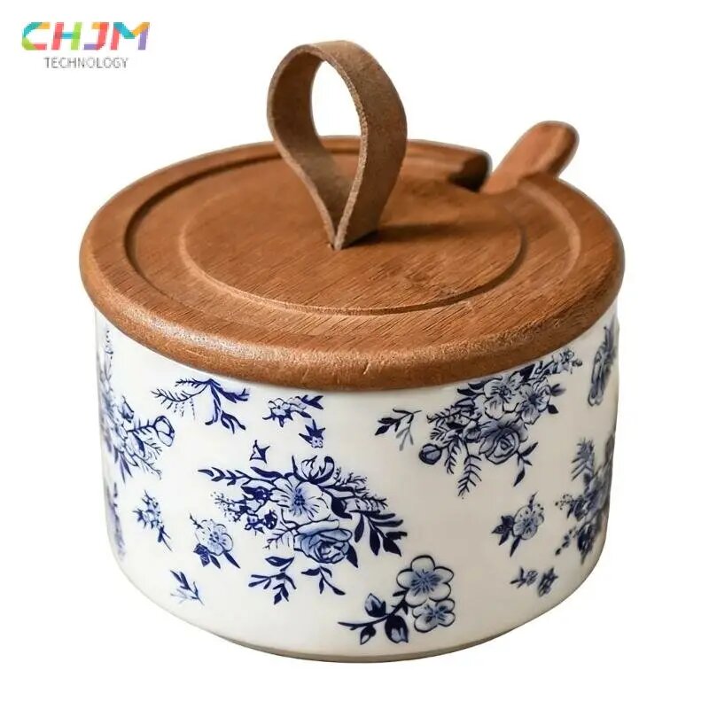 Керамическая солонка с крышкой и ложечкой, лазурный цветок, премиум