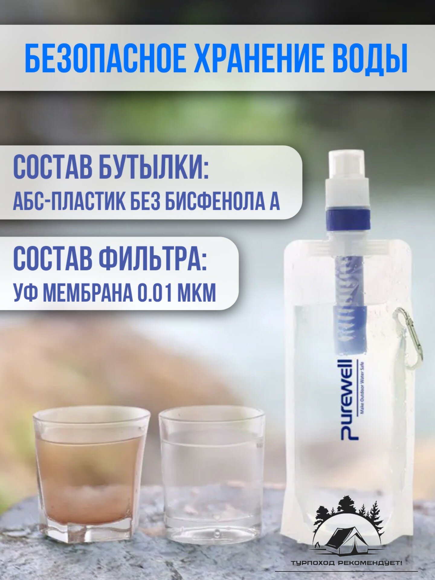 Фильтр для воды туристический, мягкая бутылка 0,5 л. в комплекте