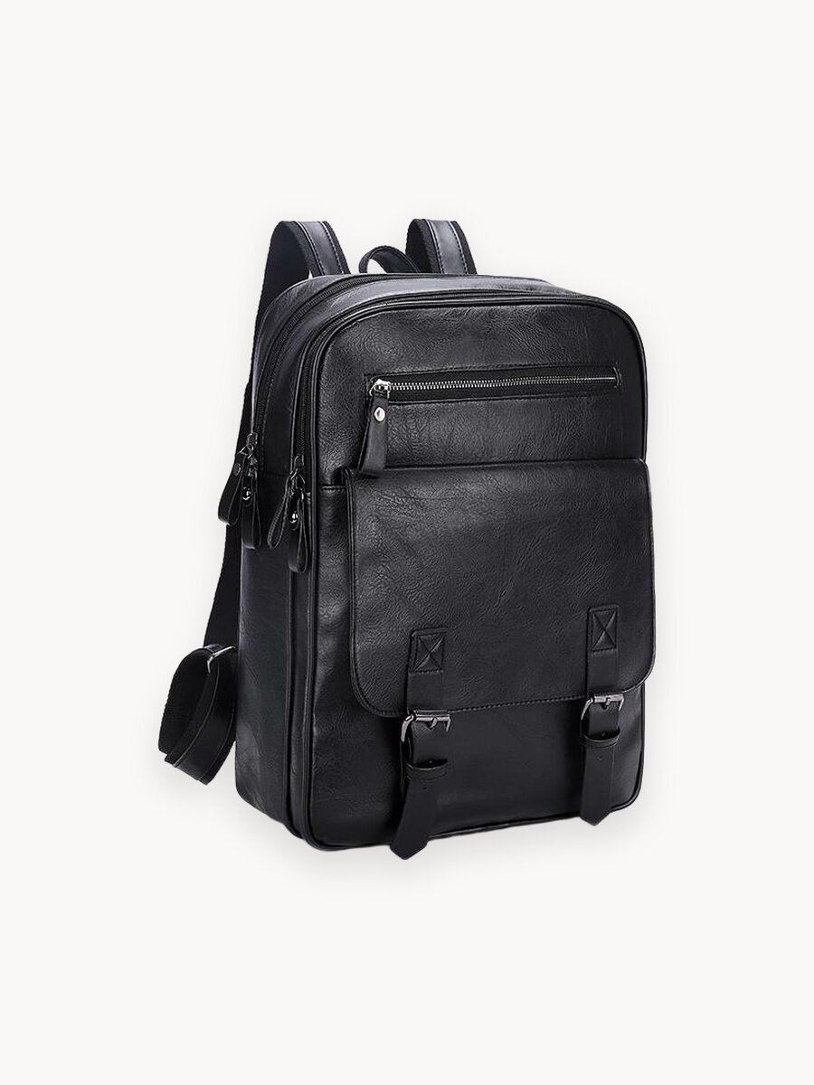 Рюкзак эко кожаный черный для ноутбука городской, повседневный на молнии, большой TEVIN мужской и женский