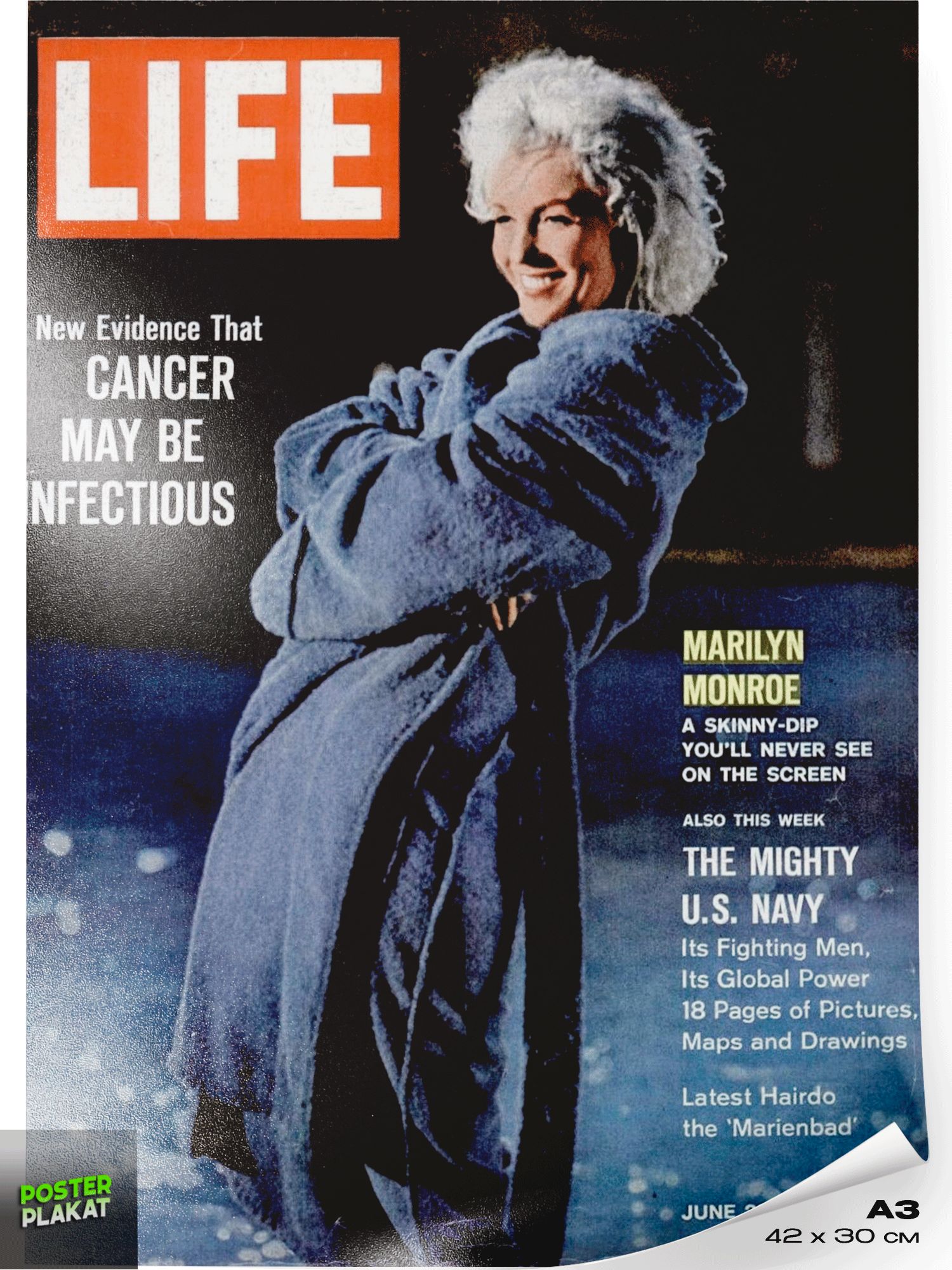 Постер LIFE, Мэрилин Монро (Marilyn Monroe) в тёплом пальто, винтажный плакат на стену для интерьера, для дома и офиса, А3 (420х297 мм), ПП