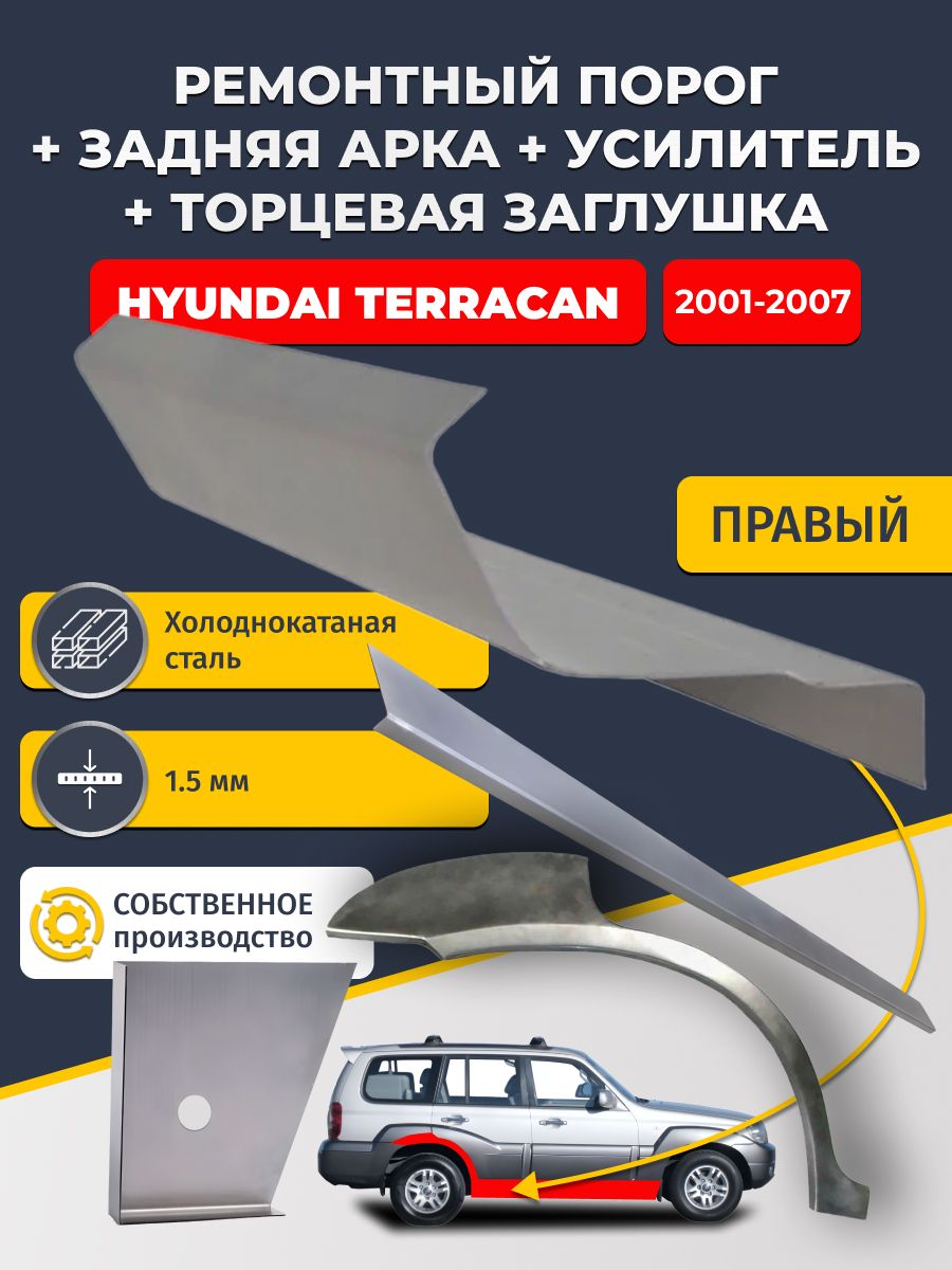 Правая ремонтная задняя арка (0,8 мм) и правый стандартный ремонтный порог + торцевая заглушка + усилитель, на Hyundai Terracan 2001 - 2007 (Хендай Терракан). Холоднокатаная сталь 1,5 мм