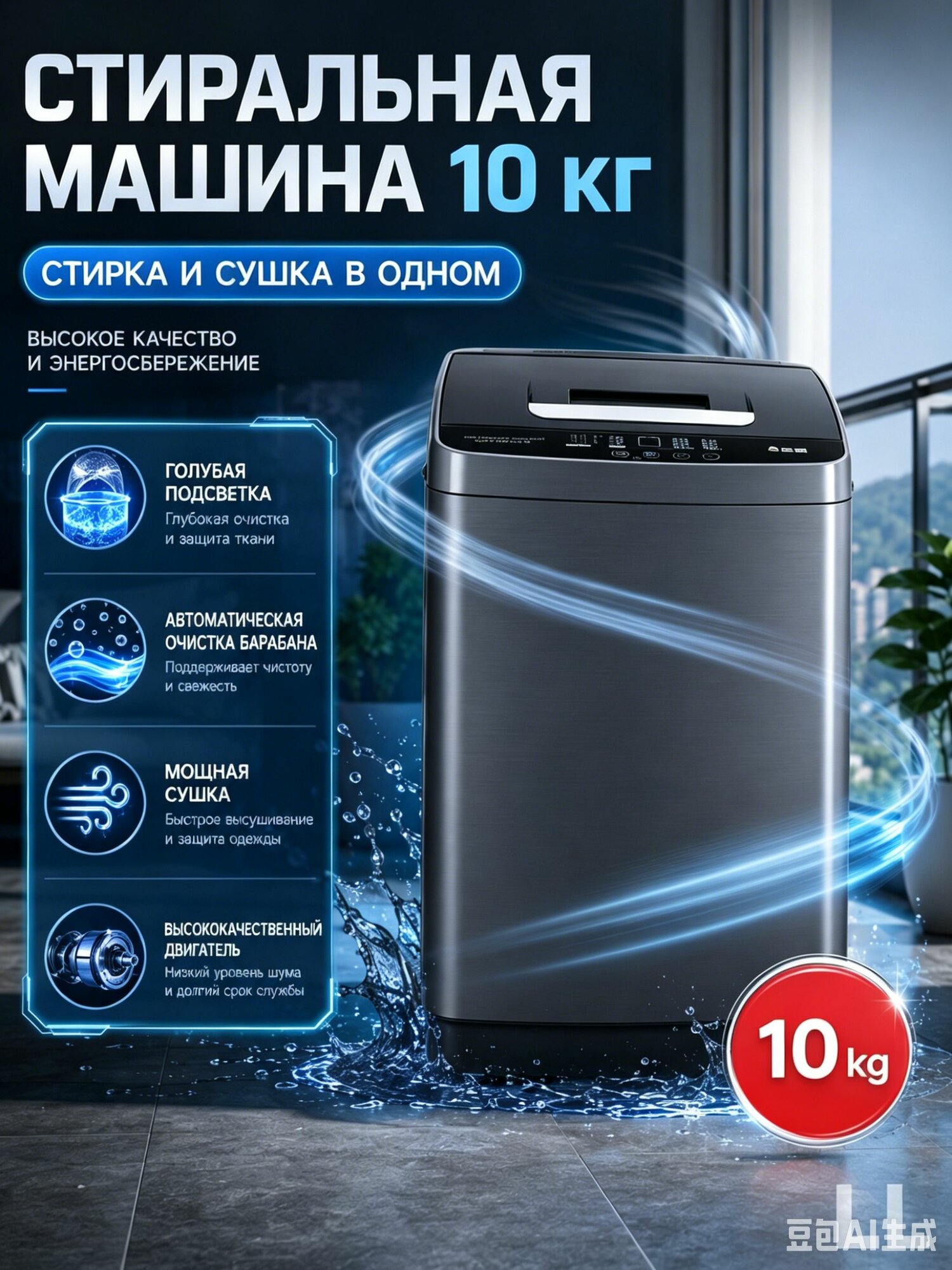 CHIGO Стиральная машина HB120Q120-W20399T, 10 кг, автоматическая, с отжимом и сушкой, серый металлик, серия Clean