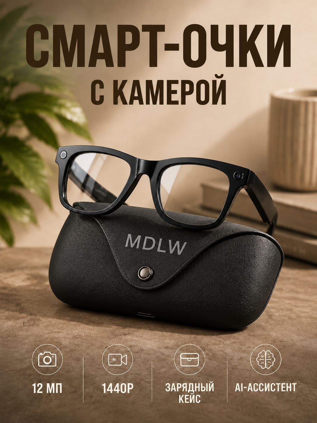 Умные очки с камерой мужские, 12 Мп, 1440p, с зарядным кейсом, Bluetooth