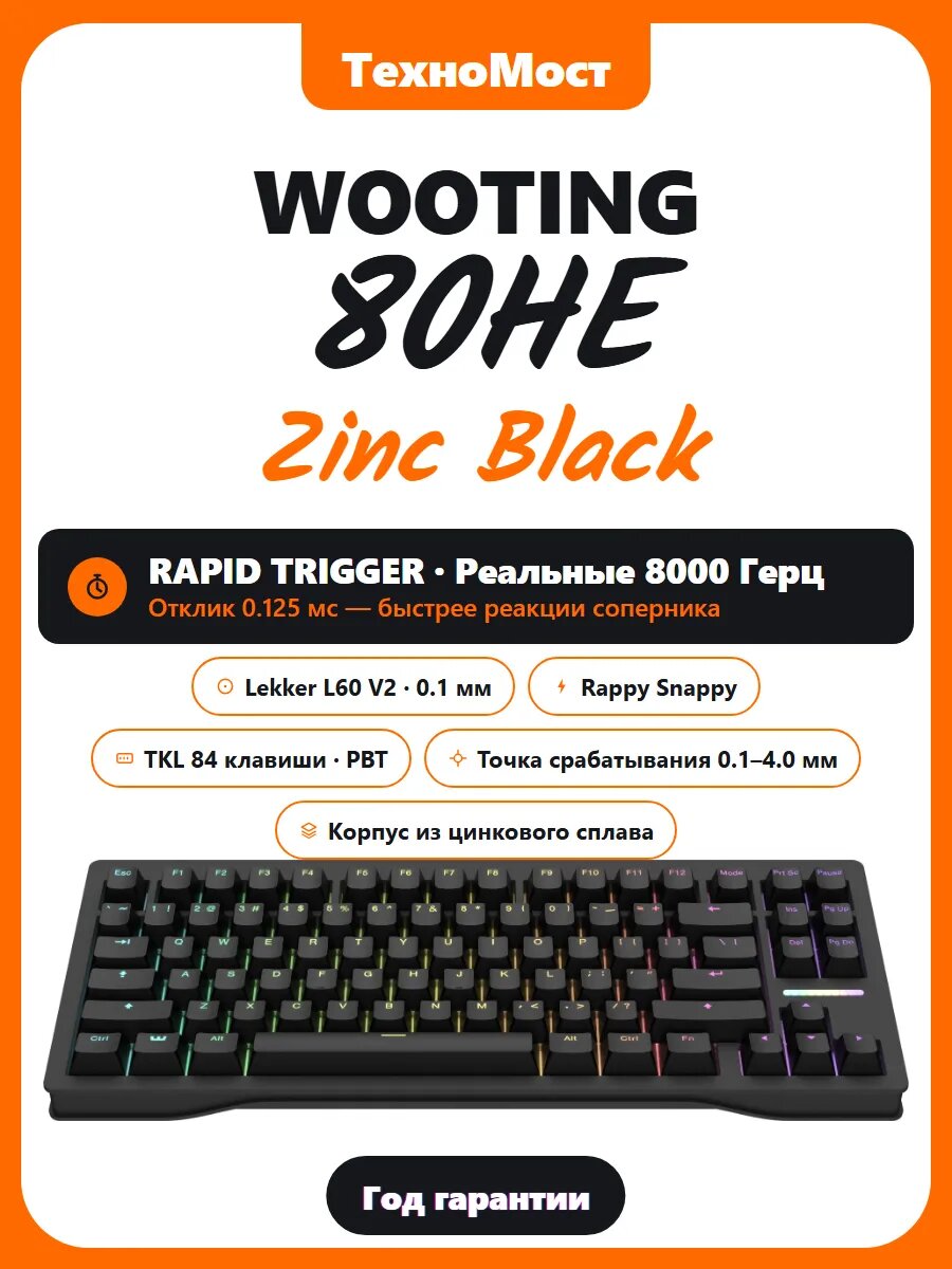 Игровая клавиатура Wooting 80HE Zinc Black цинковый корпус TKL ANSI раскладка черная RGB магнитная