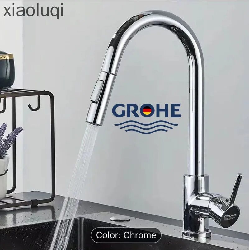 GROHE кухонный выдвижной смеситель для мойки, поворотный кухонный смеситель, хром
