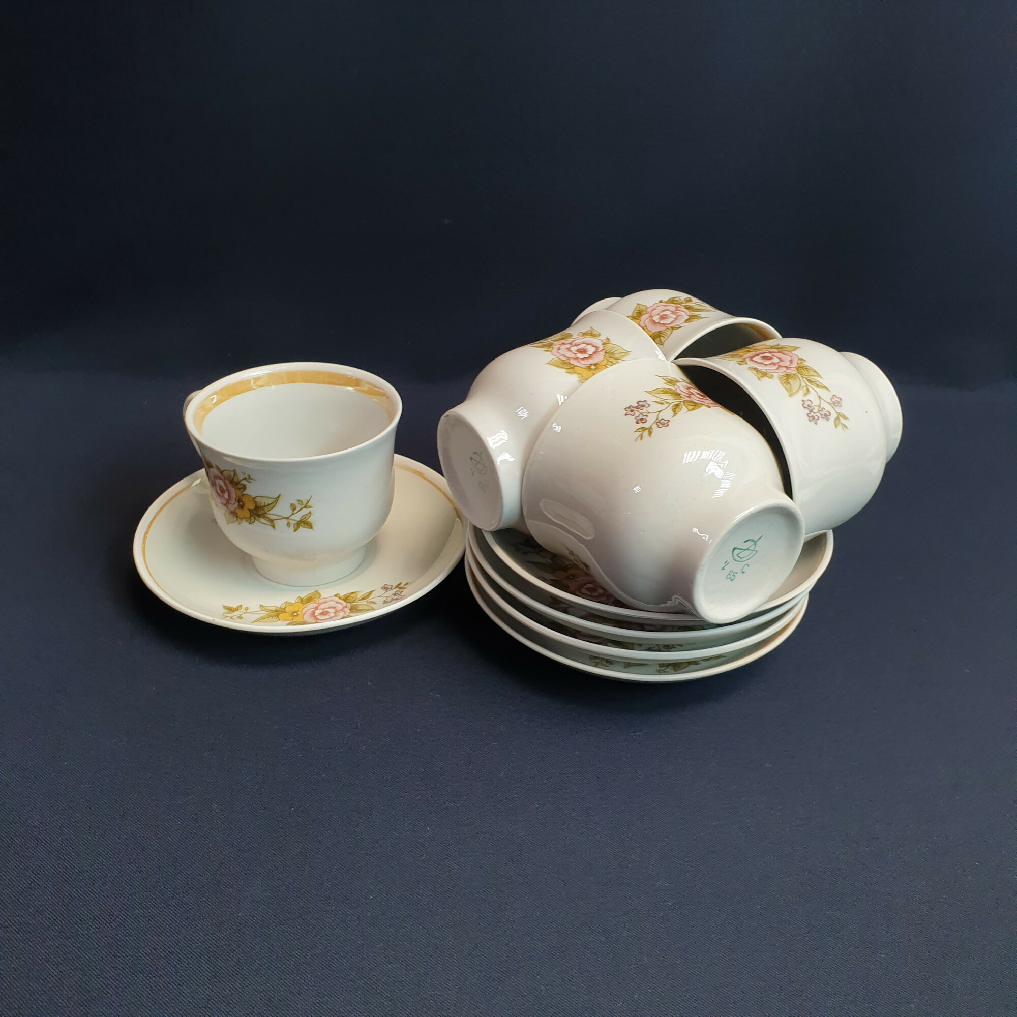 Набор из 5 чайных пар Довбыш, фарфор деколь 200 мл, винтаж СССР