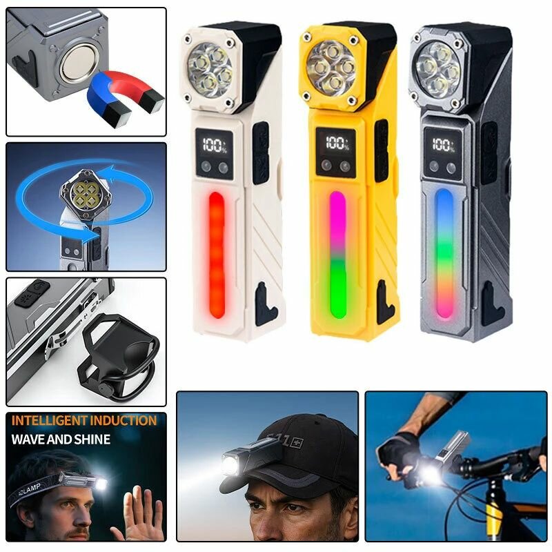 Фонарь ручной/налобный на магните с датчиком движения, жёлтый