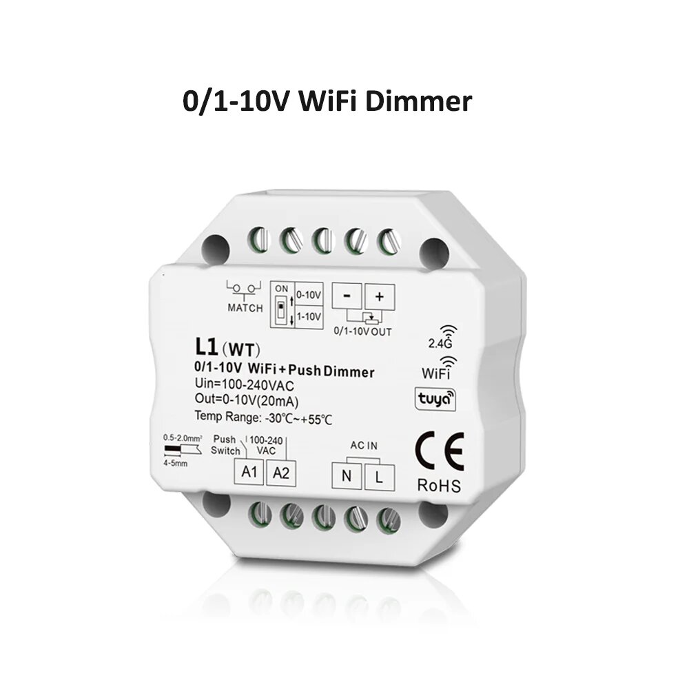 Tuya Smart WiFi Zigbee Диммер 0/1-10В Белый, WiFi Dimmer