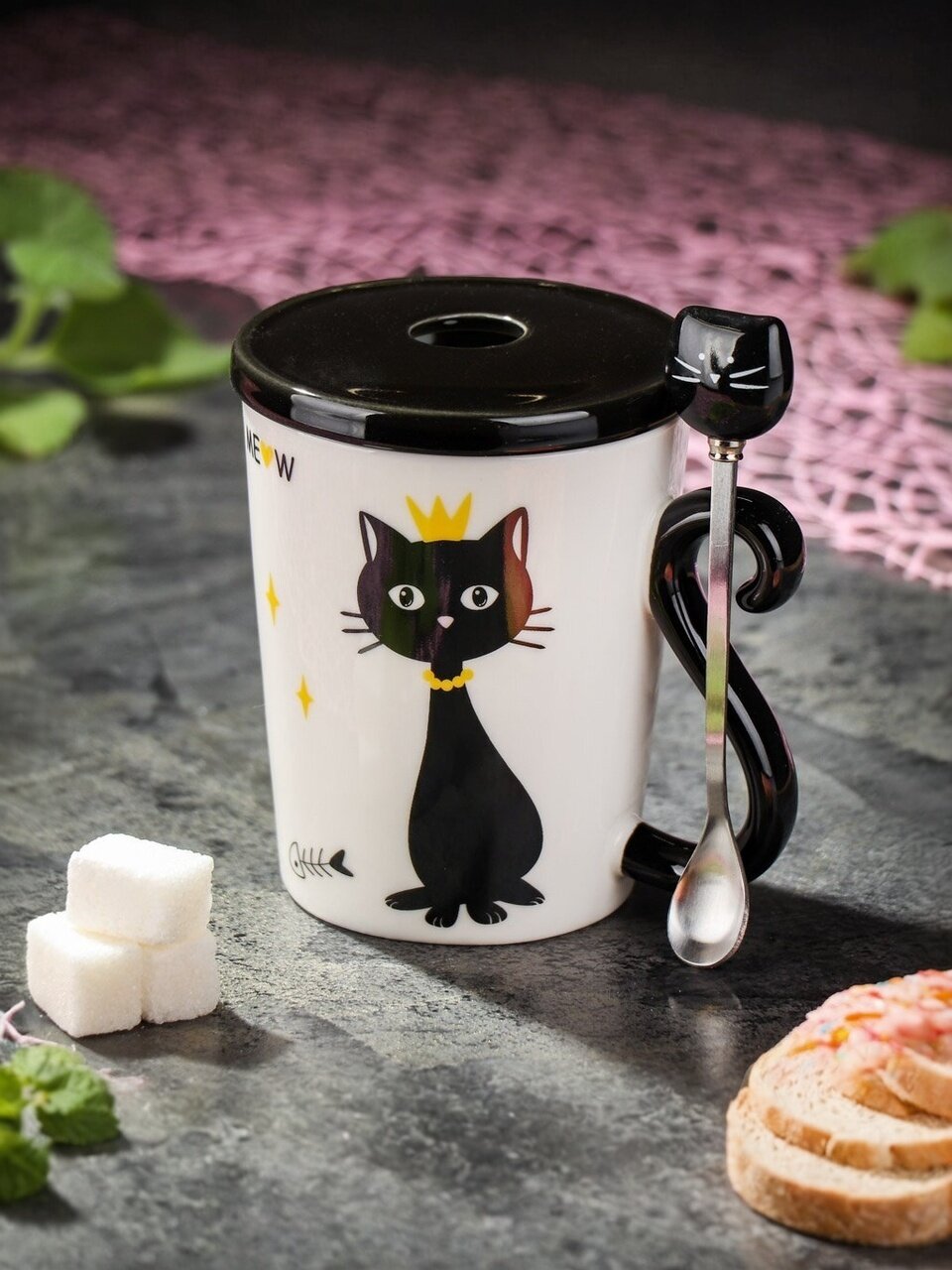 Керамическая кружка 350 мл, крышка плюс ложка Y4-8045, стильный подарок, рисунок кота, чайный либо кофейный набор