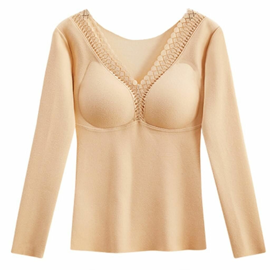 Женское термобелье с V-образным вырезом и длинными рукавами-телесного цвета-XXL