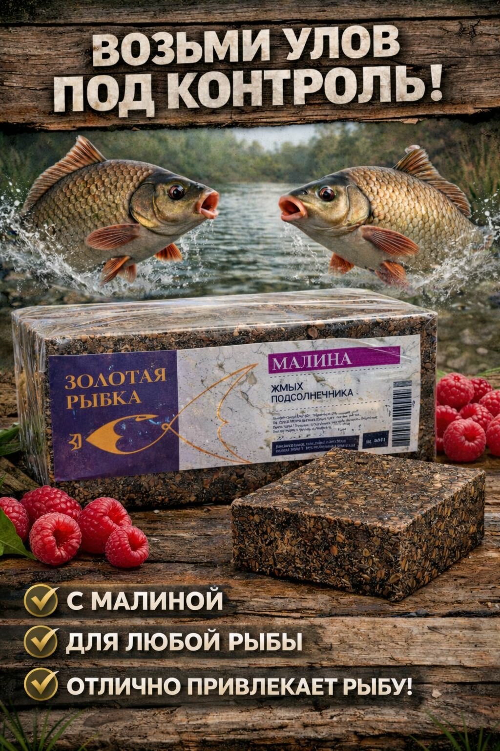 Жмых подсолнечника с отверстиями для крючка "Малина" 10 кубиков / Прикормка для рыбалки