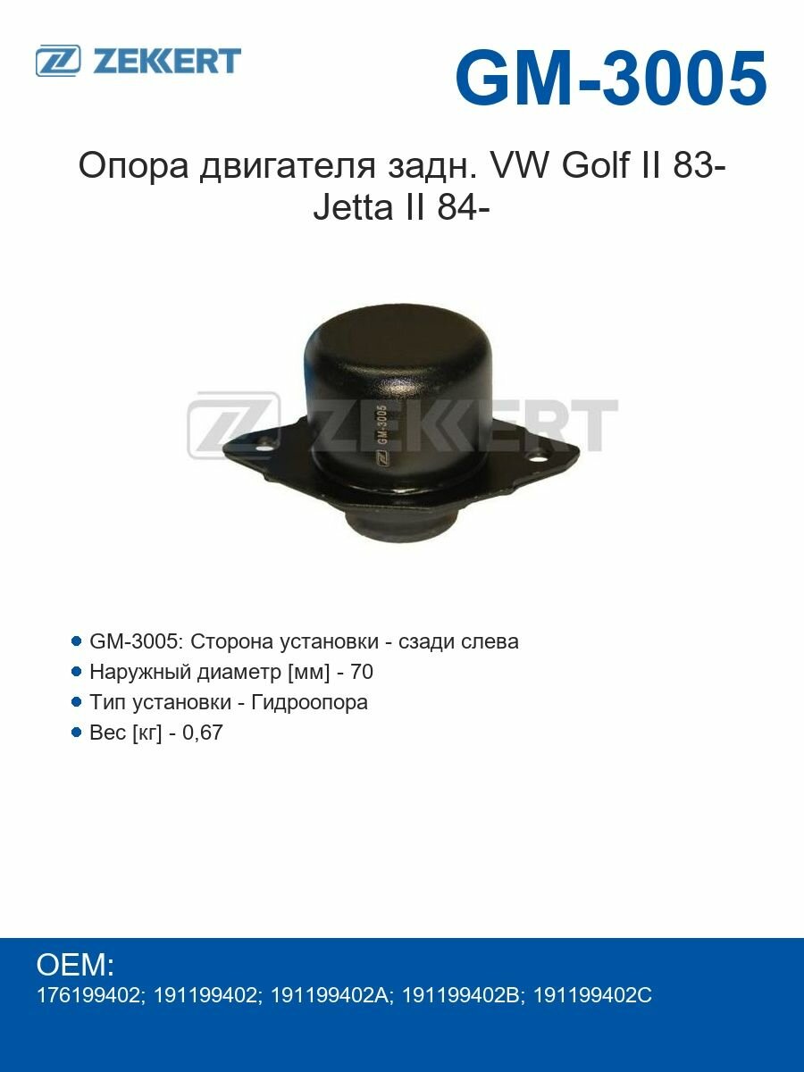 Zekkert Опора двигателя задняя VW Golf II с 1983 года Jetta II с 1984 года