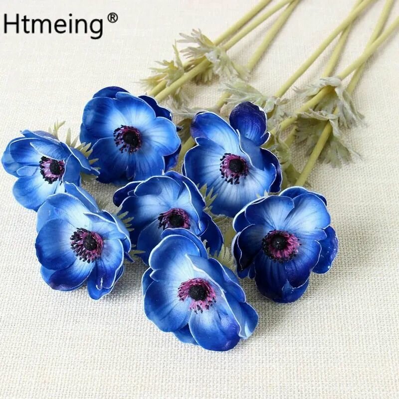 Искусственные цветы премиум из латекса Анемон синий букет для декора 3 ветки 50 см