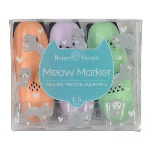 Набор текстовыделителей "Meow Marker" 3 штуки, пастельный 22-0106 "Bruno Visconti"