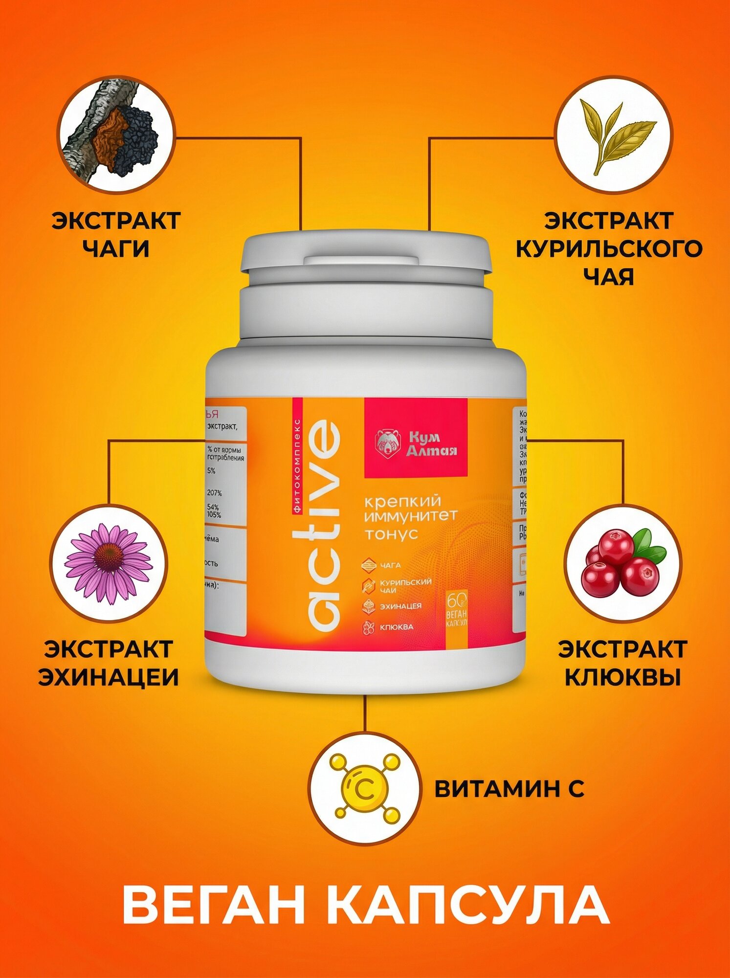 Комплекс КумАлтая "фито-active", для иммунитета и тонуса организма, 60 капсул — фото 1