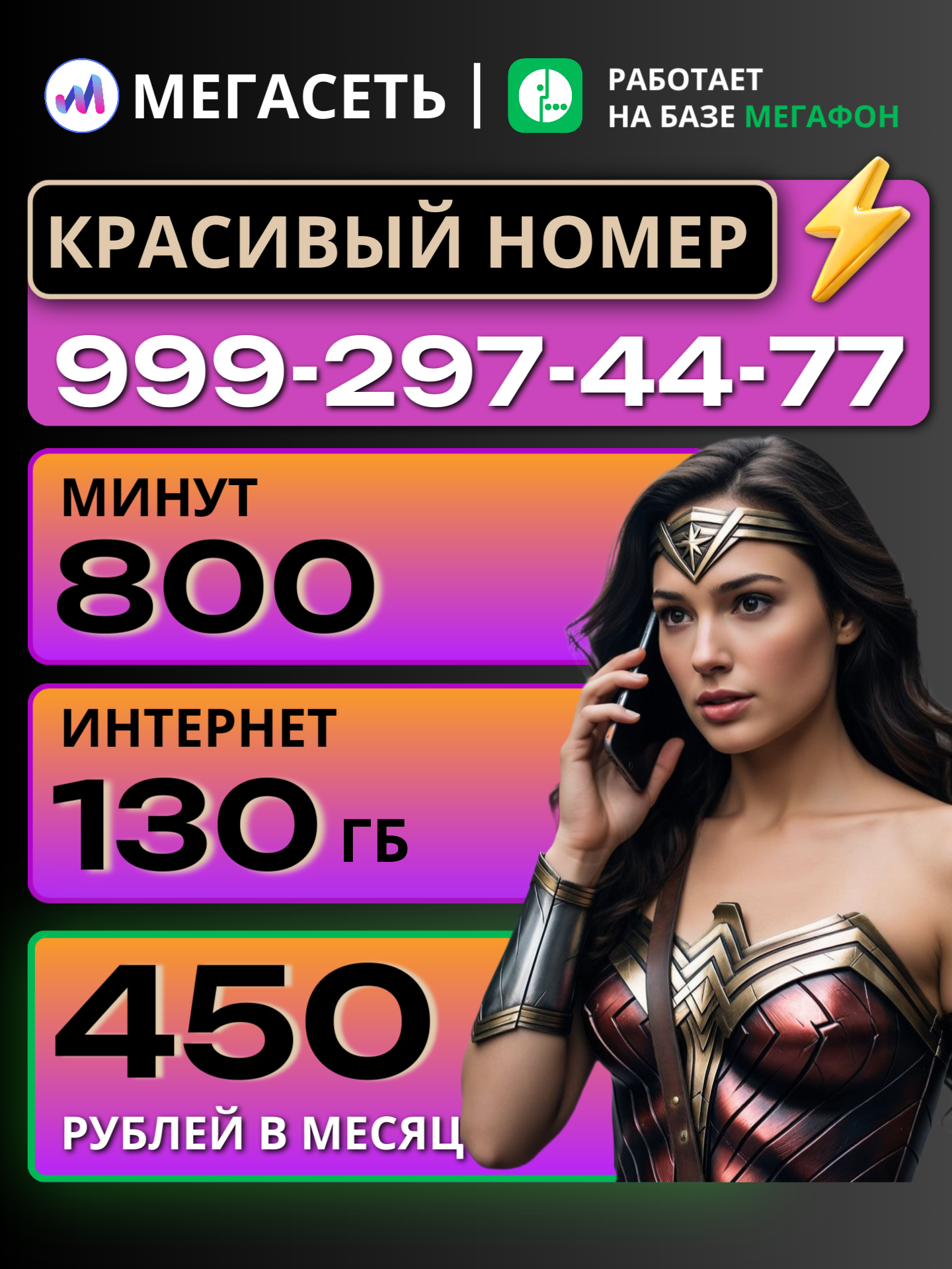 Сим карта Красивый номер телефона на базе Мегафон/ Мегасеть 450 руб/месяц