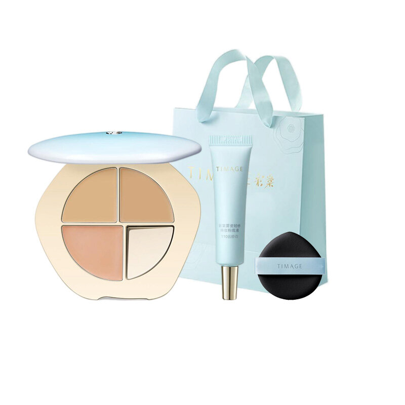 Палетка корректора женская TIMAGE триколорная увлажняющая осветляющая, 5г, пуховка