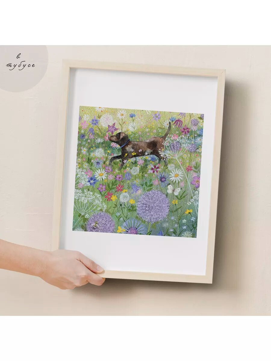 Летний пейзаж прогулка с собакой на лугу, 30 x 40 см, материал бумага, без рамы