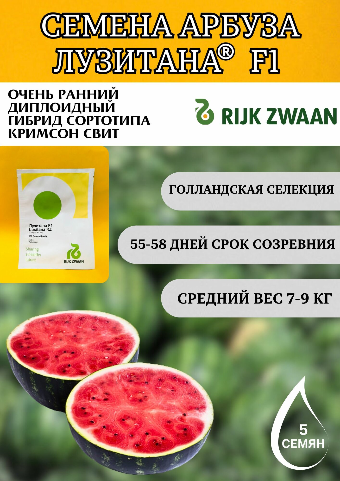 Семена арбуза Лузитана F1 5 штук, профессиональные семена