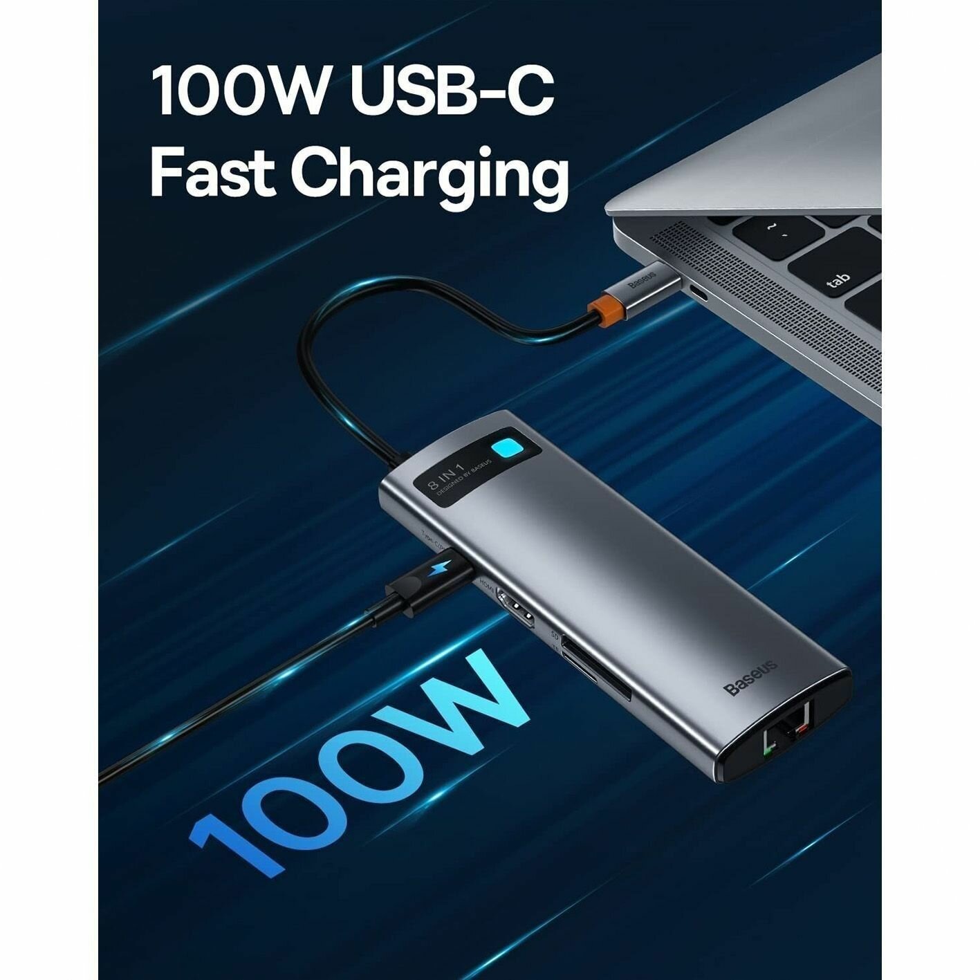 Baseus 8-in-1 Док-станция USB C Hub, адаптер USB C с 4K HDMI,3 USB 3.0, TF/SD Reader, Ethernet,100W Power Delivery Совместимость