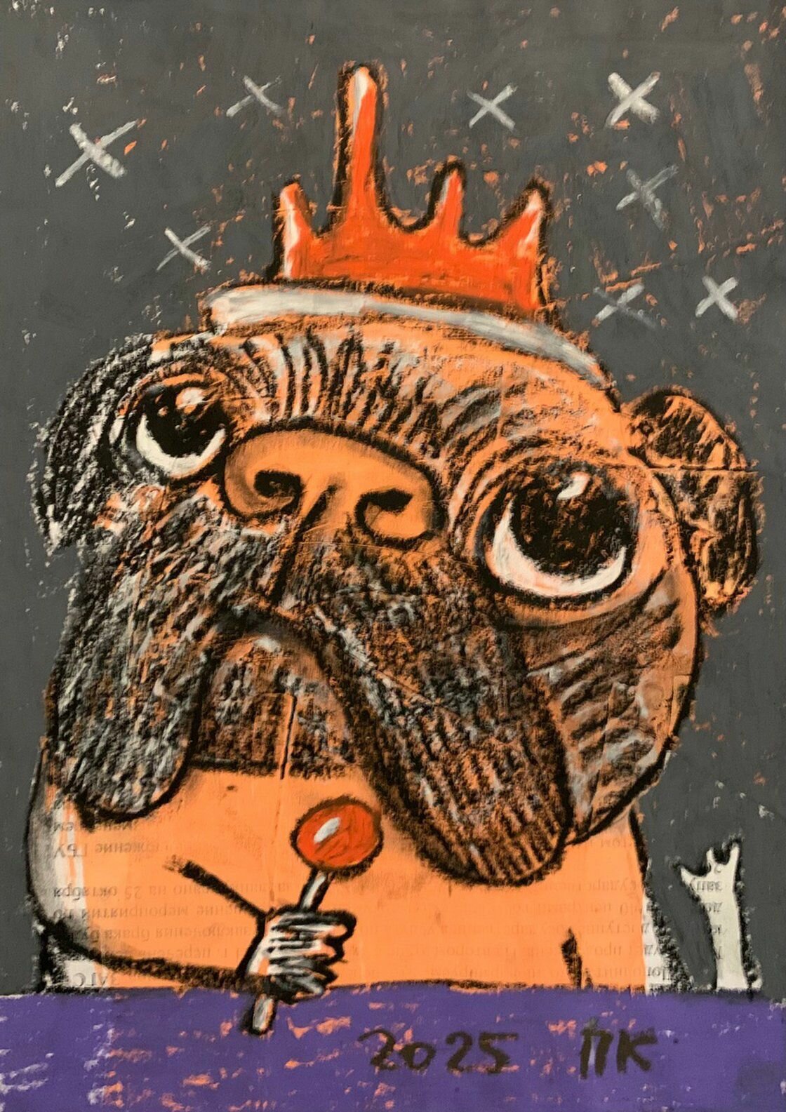 Авторский рисунок масляной пастелью на бумаге Святой мопс 25/ Saint pug #25 (2025) Единственный экземпляр. Художник Павел Курагин. Формат А4. 21х29,7 см