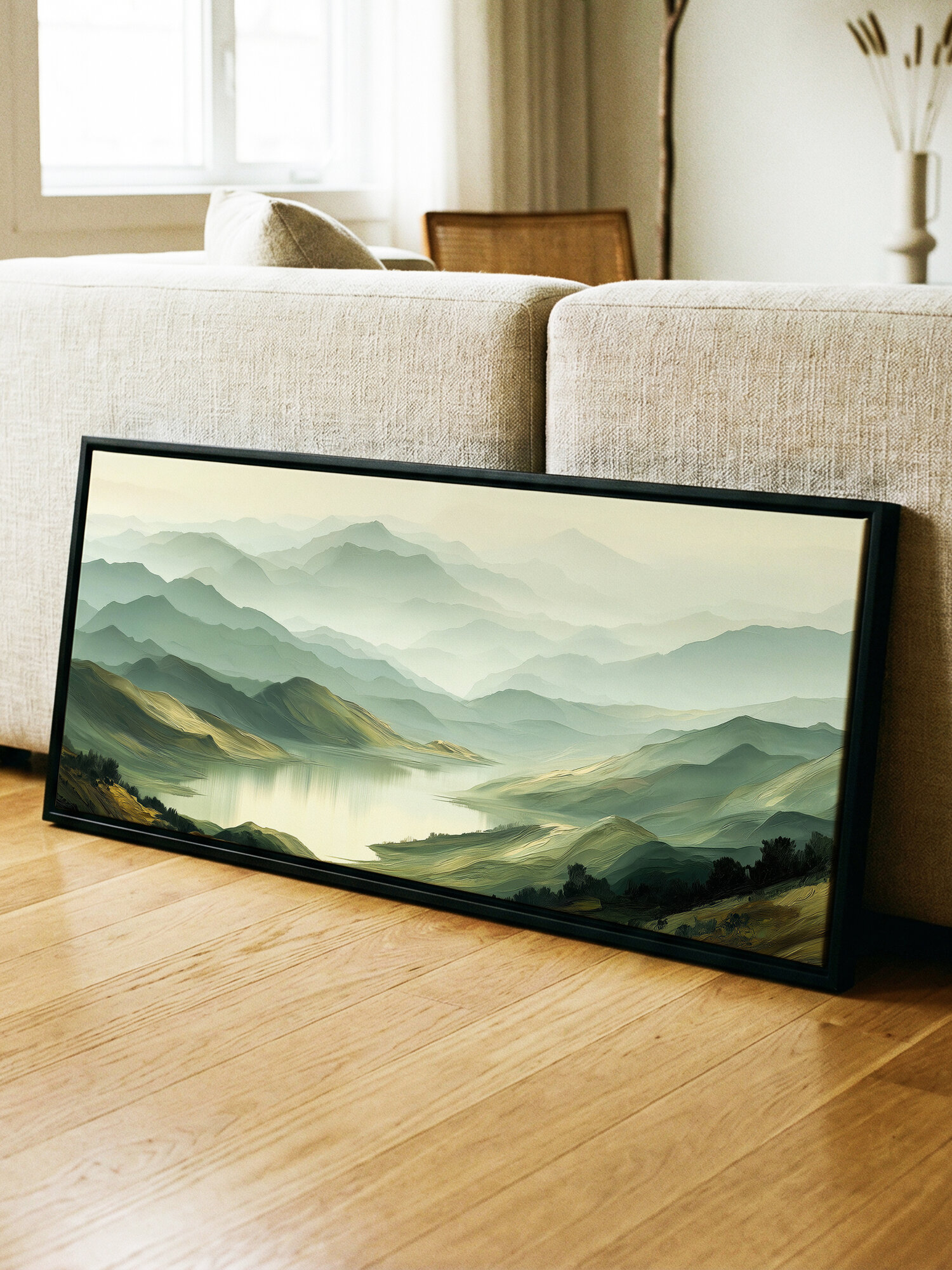 Картина Postermarket в тёмной раме " Холмы у озера" на холсте с подрамником 45 х 115 см