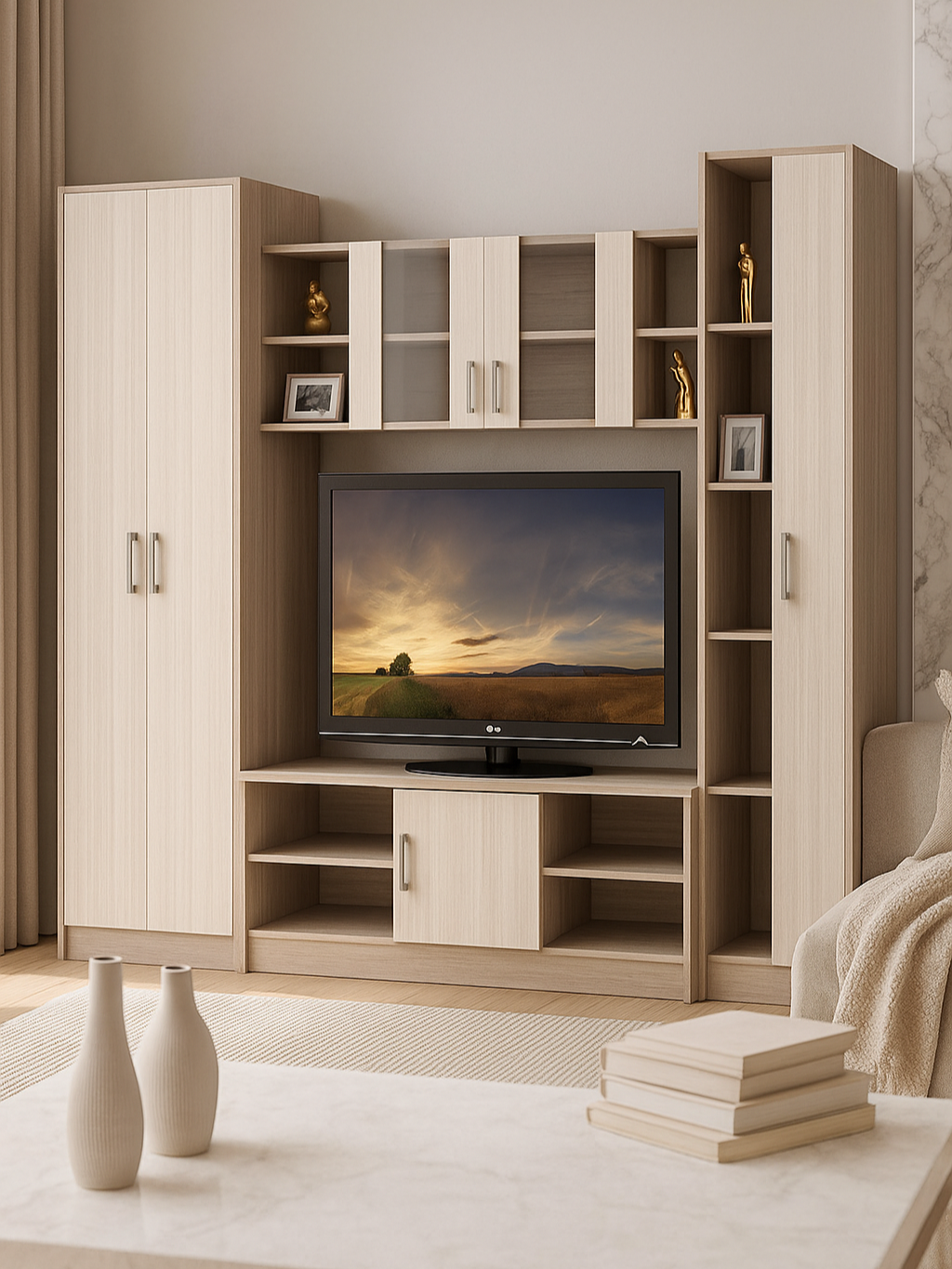 Стенка в гостиную "Майя-2" цвет: корпус ясень шимо темный/фасады ясень шимо светлый размер: 300x45x207 см